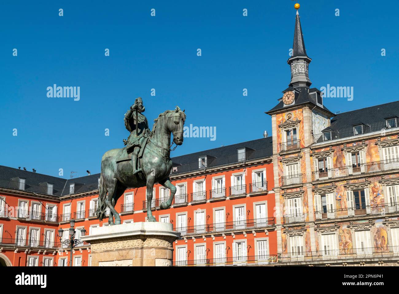 Plaza Mayor with the statue of king Felipe III in Madrid spain Stock ...