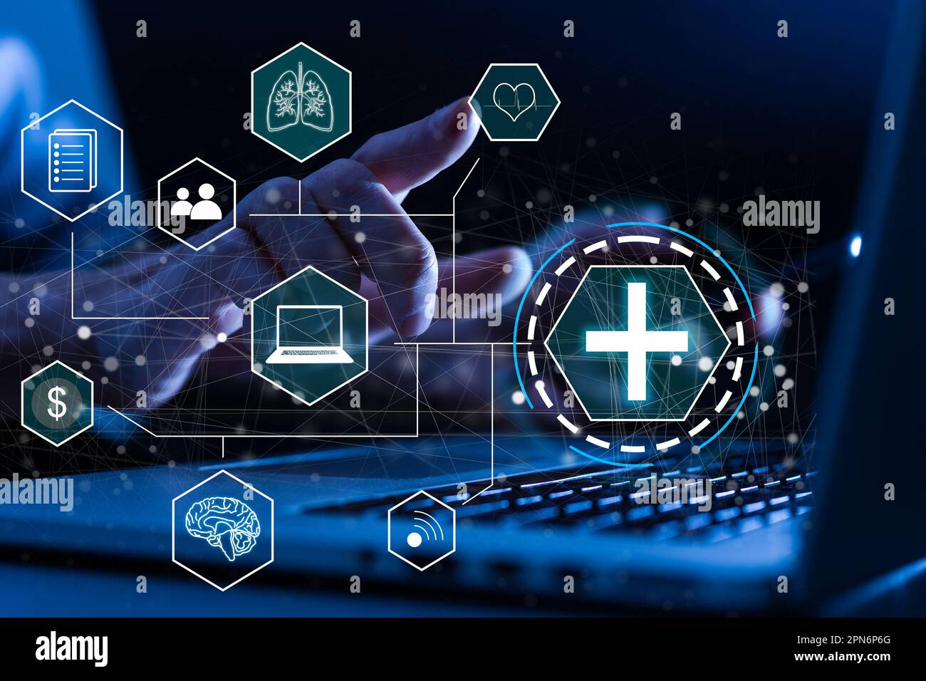 Medicine doctor touching electronic medical record on tablet. DNA ...