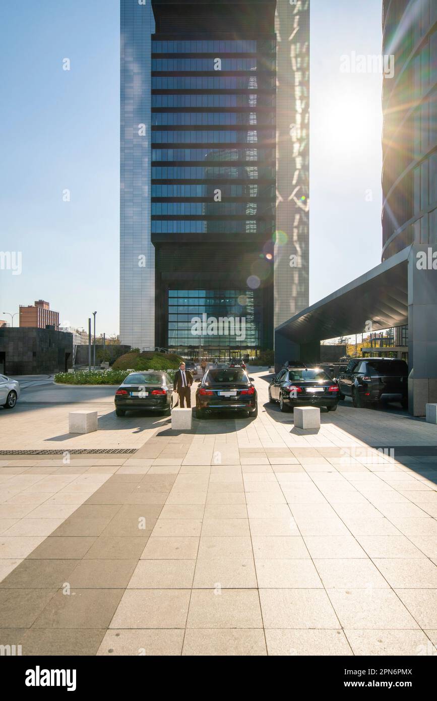 Cuatro Torres business Area in Madrid with luxury cars, spain Stock ...