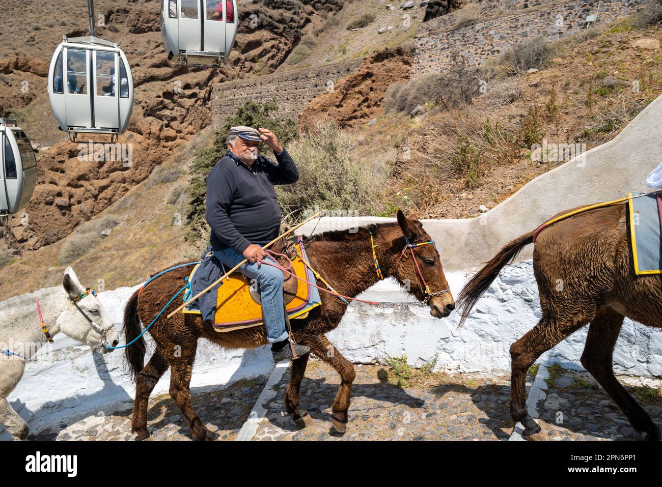 an old man riding a donkey to Fira on Santorini Stock Photo - Alamy