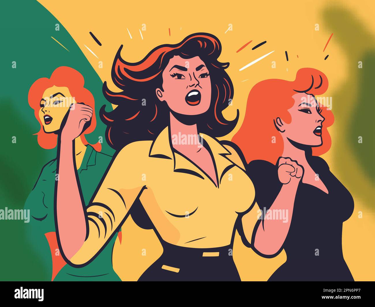 Fashionable Young Women Characters Screaming On Chrome Yellow And Green ...