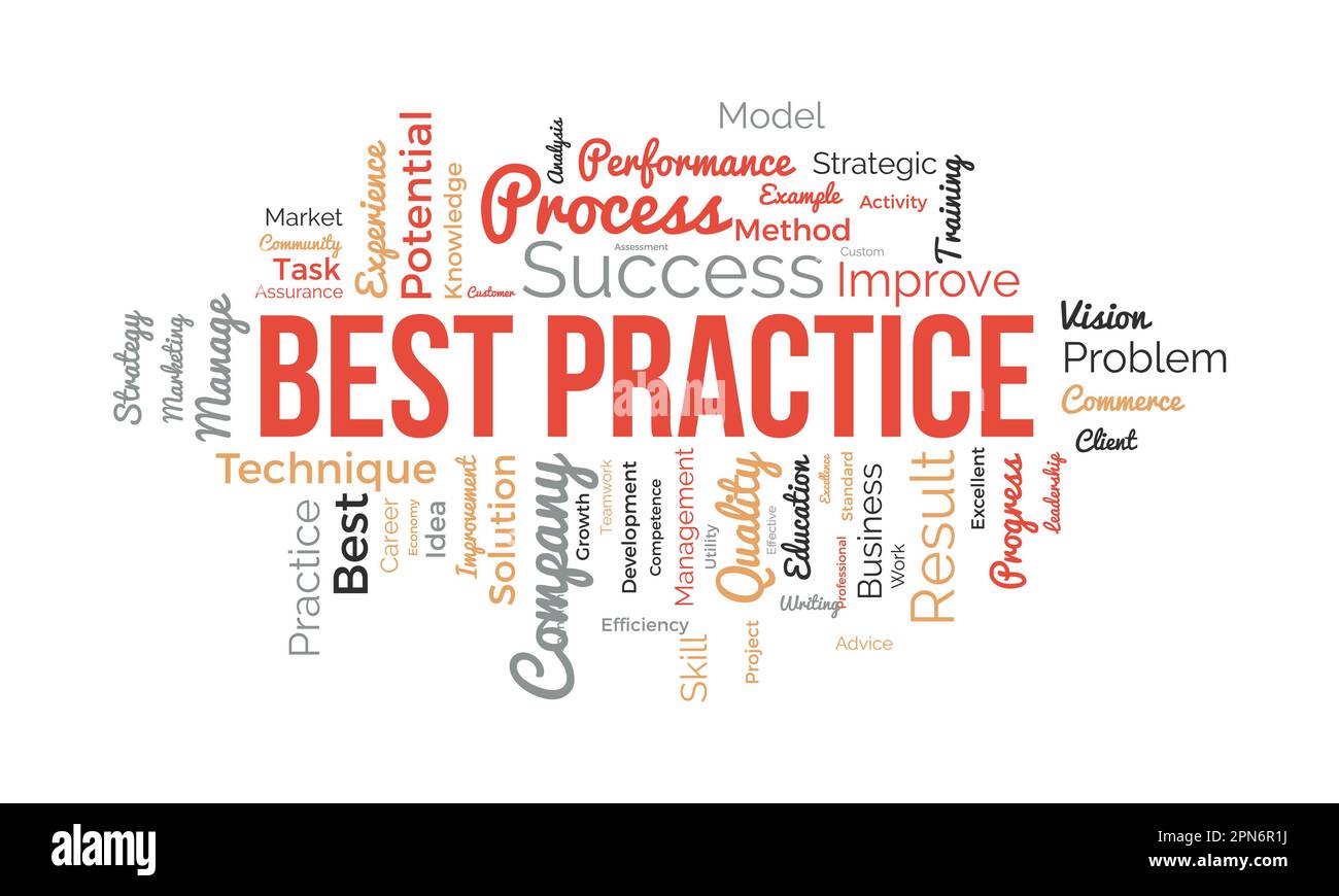 Word cloud background concept for Best Practice. Quality improvement with development idea ...