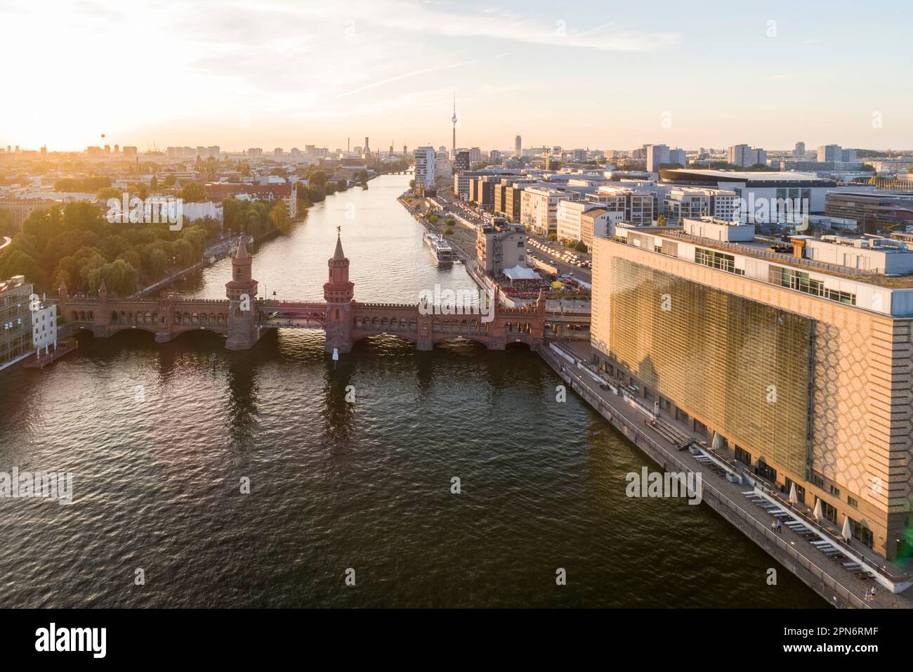 Aerial of Oberbaum Bridge in Friedrichshain, Berlin, Germany Stock ...