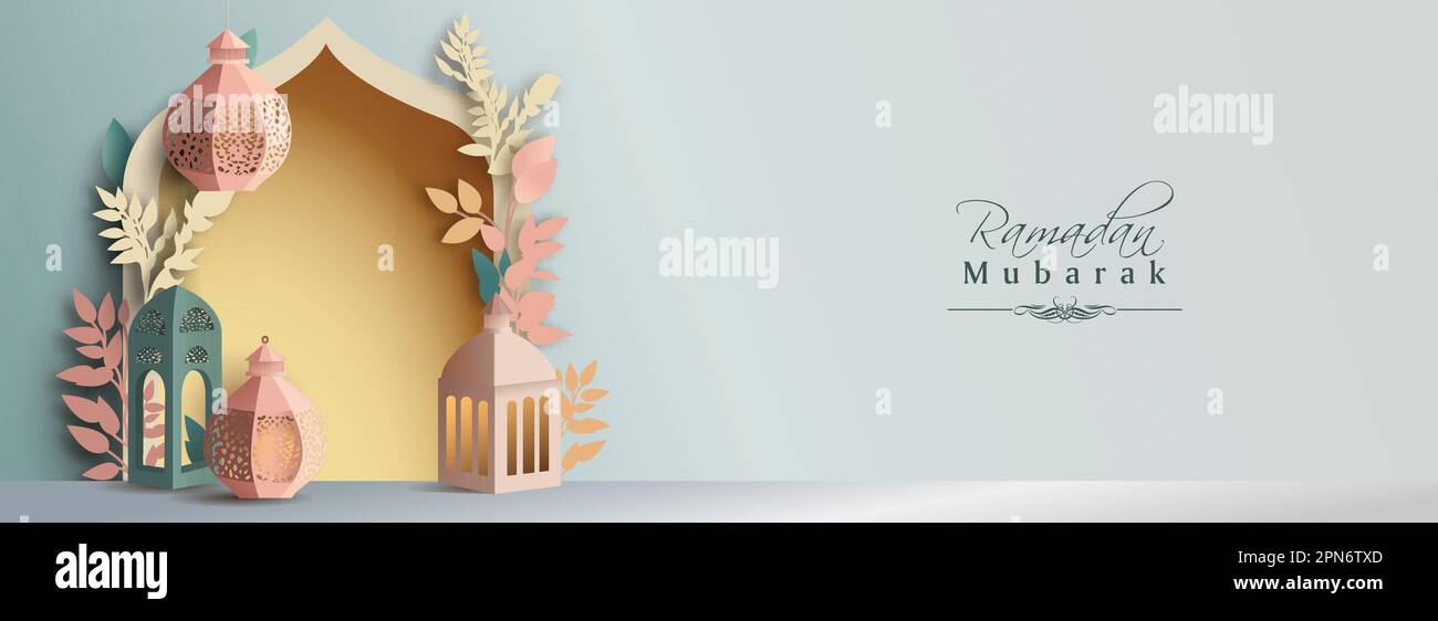 Ramadan Mubarak Banner Design With Origami Paper Arabic Lamps, Leaves ...