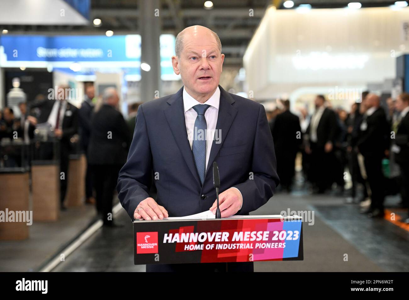 Hanover, Germany. 17th Apr, 2023. German Chancellor Olaf Scholz (SPD) speaks during a closing ...