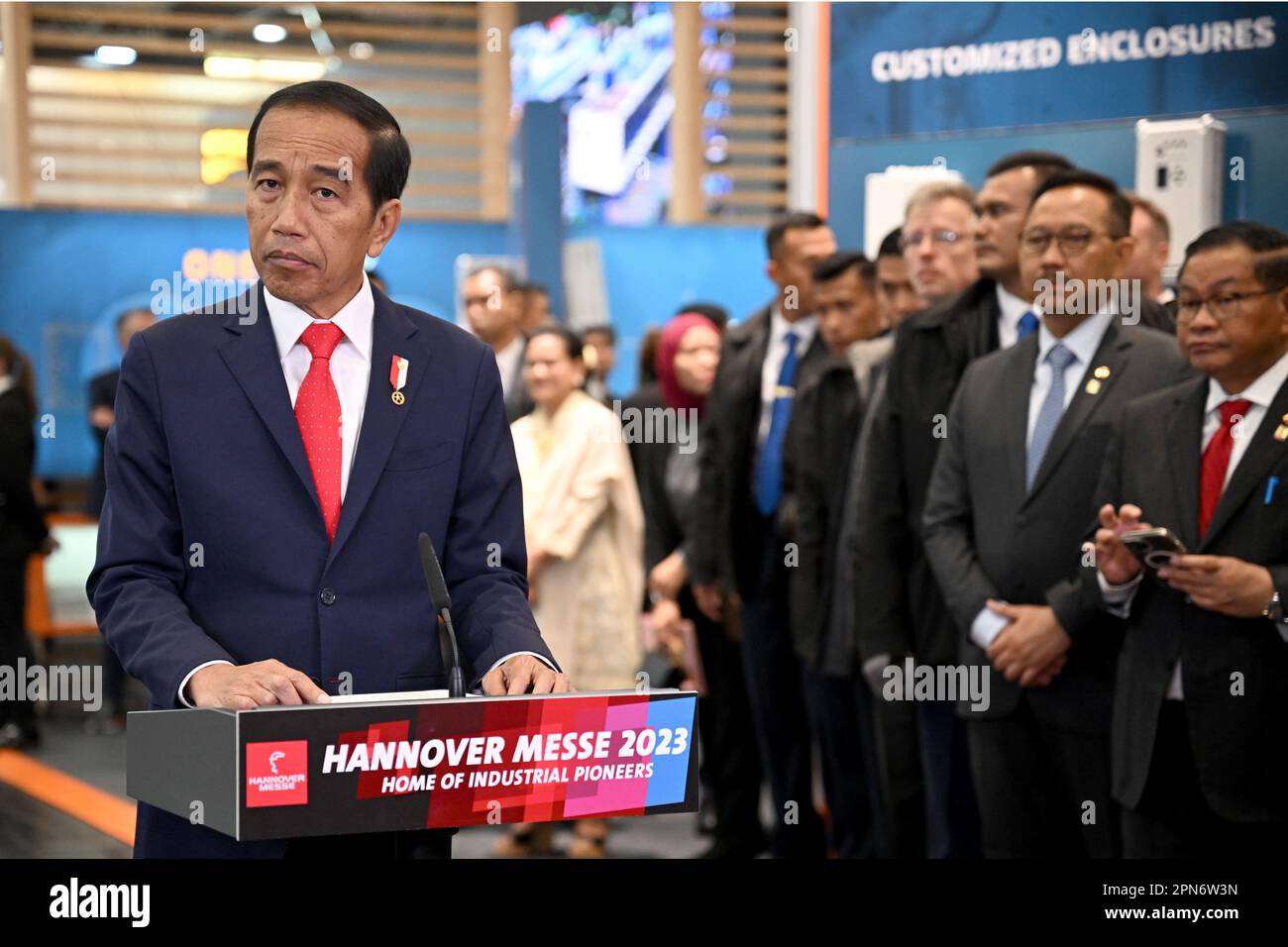 Hanover, Germany. 17th Apr, 2023. Joko Widodo, President Indonesia, gives a closing statement ...