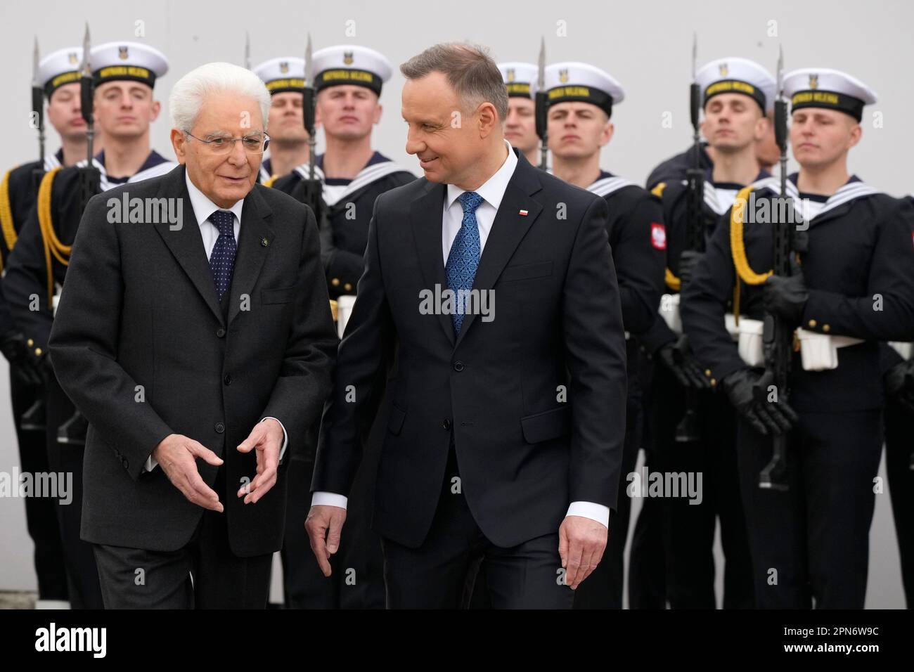 Poland's President Andrzej Duda, right, welcomes Italian President ...