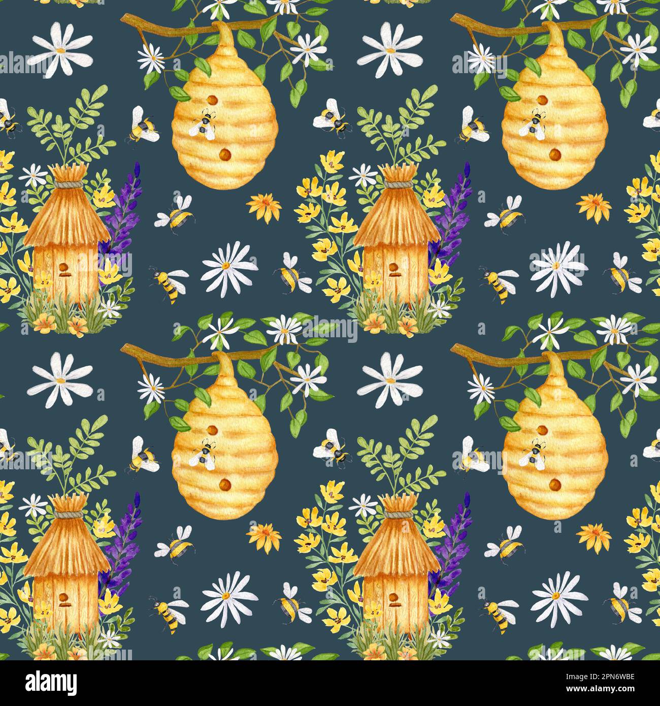 Apiculture. Watercolor pattern with bees and beehive on a tree on a ...