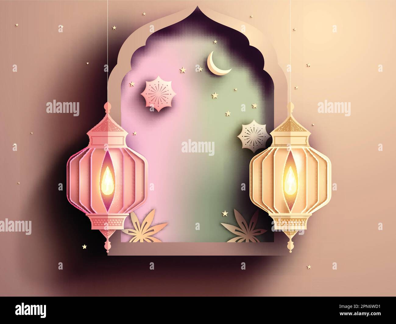 Origami Paper Lit Lamps Hang With Golden Crescent Moon, Stars And ...