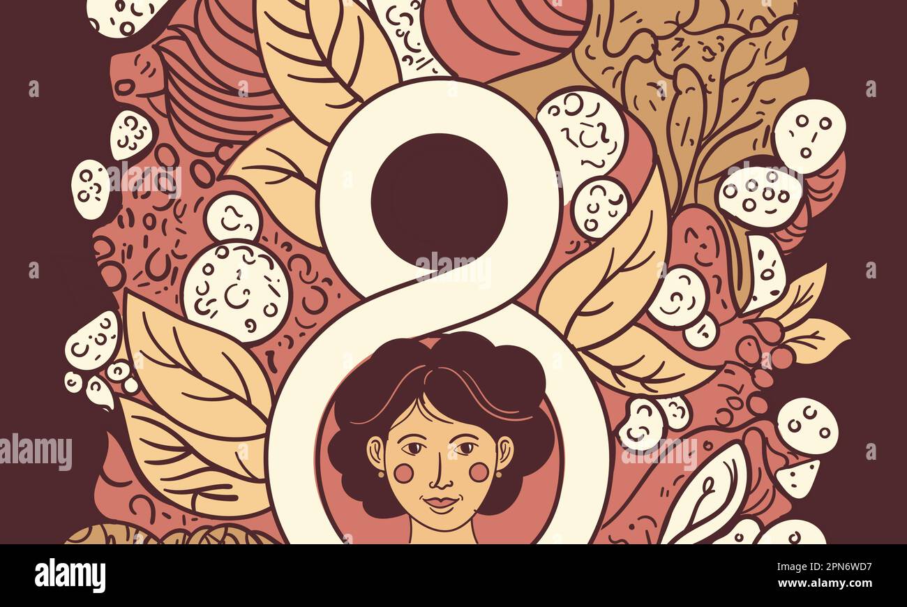 Portrait of Young Girl Face With 8 Number On Abstract Leaves Background ...