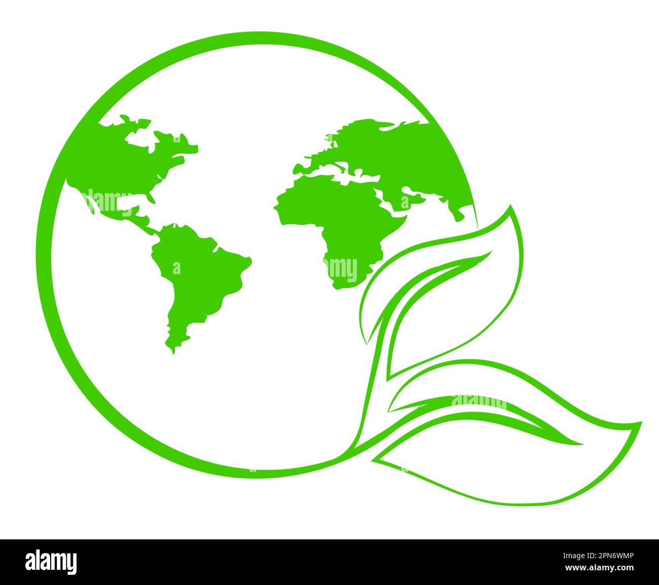 Planet earth with map and green leaves, logo or emblem, symbol. Earth ...