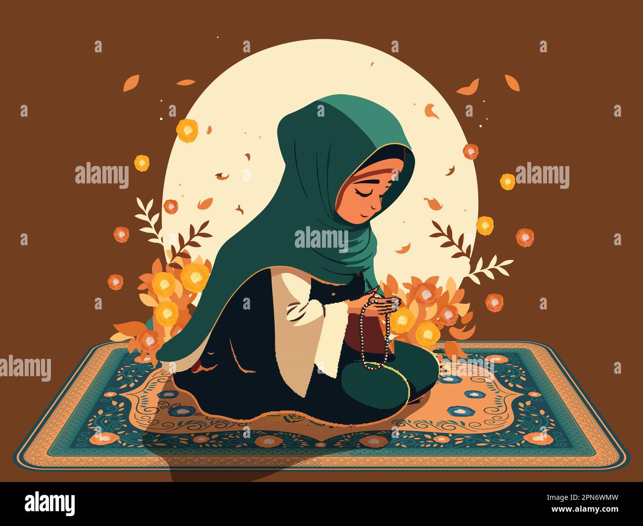 Muslim Young Woman Character Praying With Hold Tasbih On Mat And Floral ...