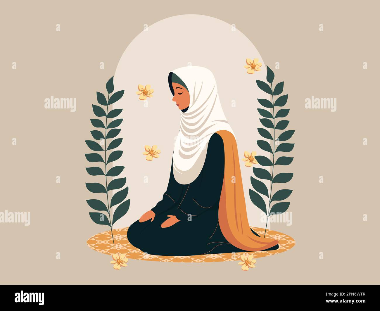Muslim Woman Character Offering Prayer (Namaz) On Mat And Floral ...