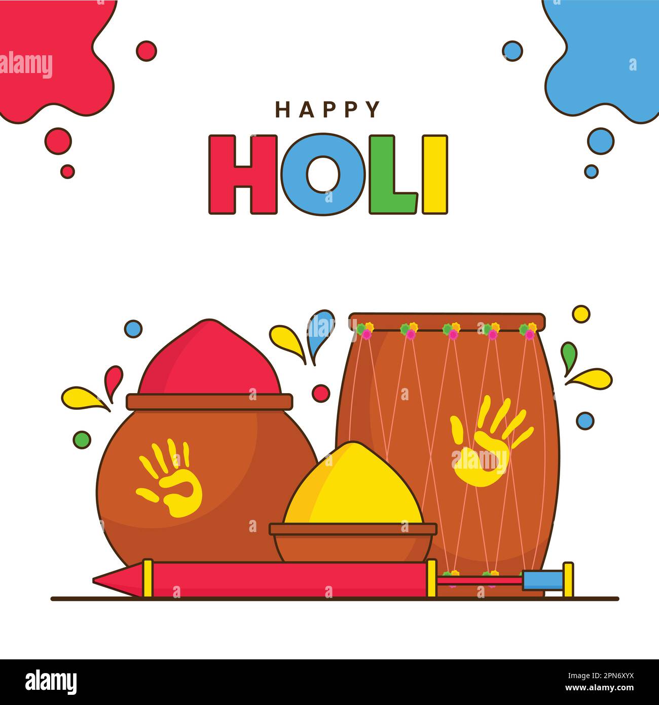 Happy Holi Celebration Concept With Color Powder (Gulal) Pots, Drum ...