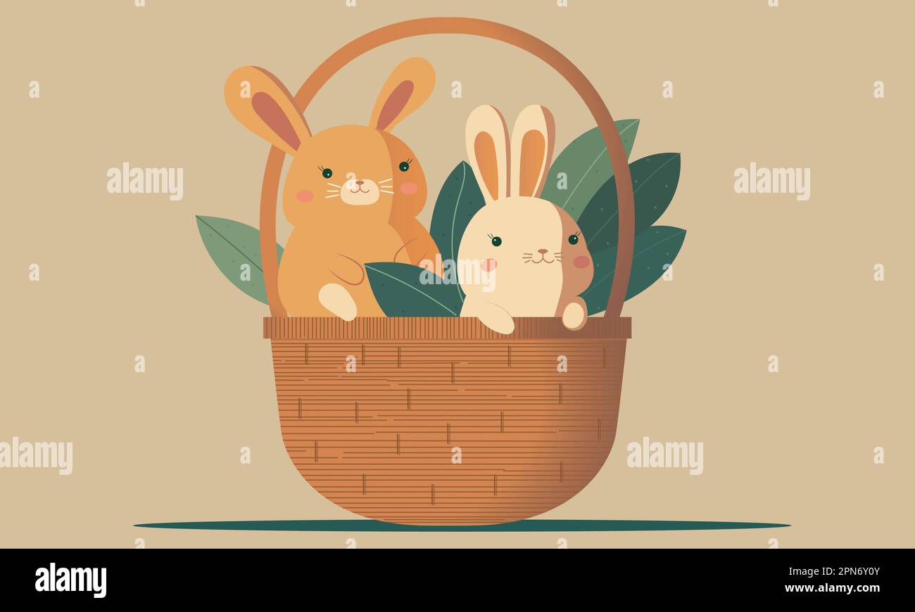 Illustration Of Cute Two Baby Rabbits Or Bunnies Characters With Leaves ...