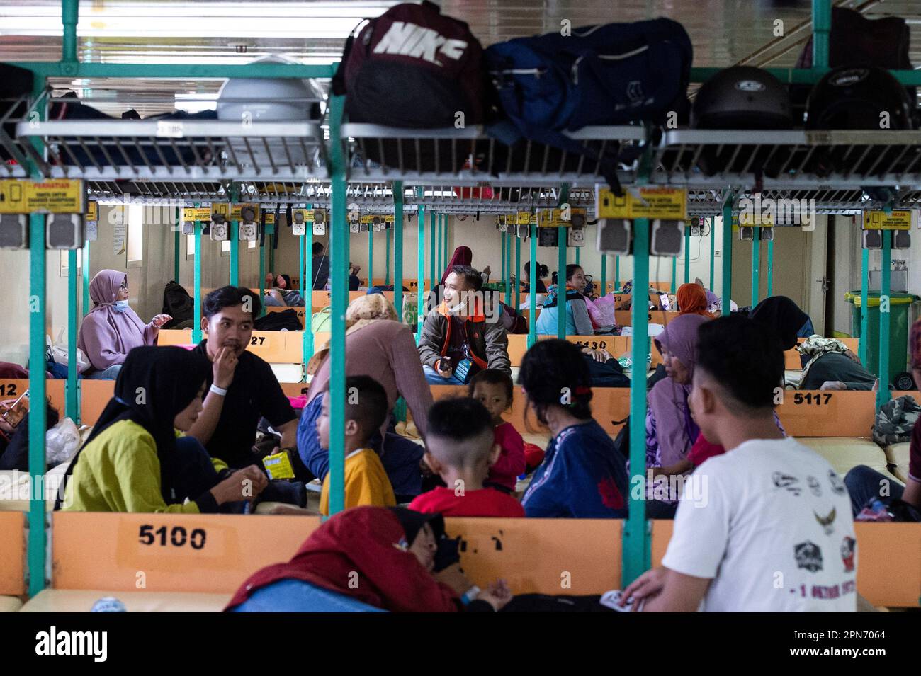 Jakarta, Indonesia. 17th Apr, 2023. Passengers are pictured in the cabin of a ship for free ...