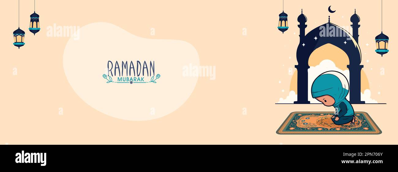 Ramadan Mubarak Banner Design With Muslim Girl Offering Namaz (Prayer) On Mat, Mosque And ...