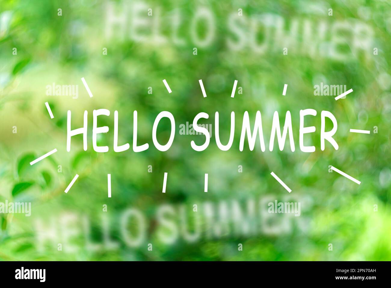 Bokeh of light, green grass and trees. Sun rays. Hello Summer text ...