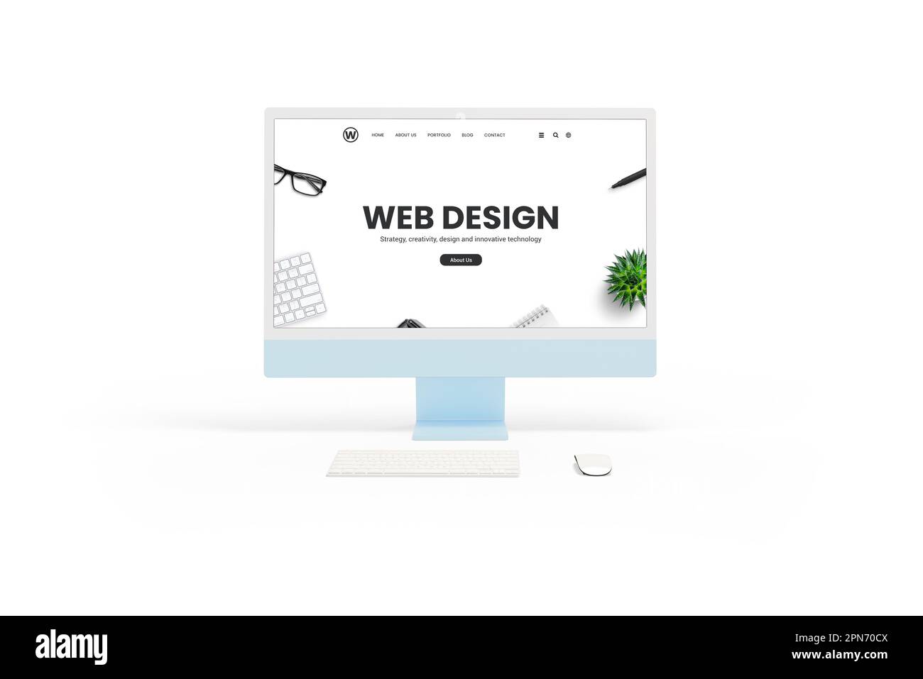 Isolated white computer display monitor with a web design studio concept page in front view ...