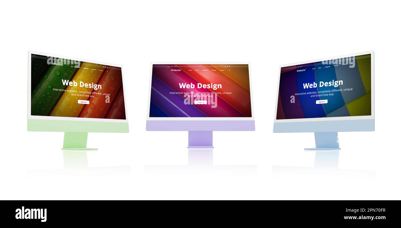 Colorful displays on a desk, showcasing a unique web design studio concept web page. Creativity ...