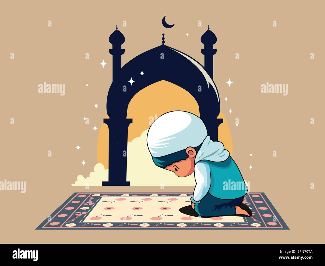 Flat Style Muslim Boy Offering Namaz (Prayer) On Mat In Front of Mosque ...