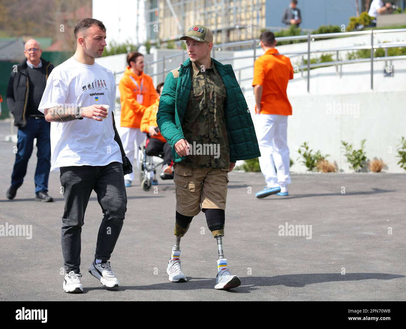LVIV, UKRAINE - APRIL 14, 2023 - A man with prosthetic legs arrives for ...