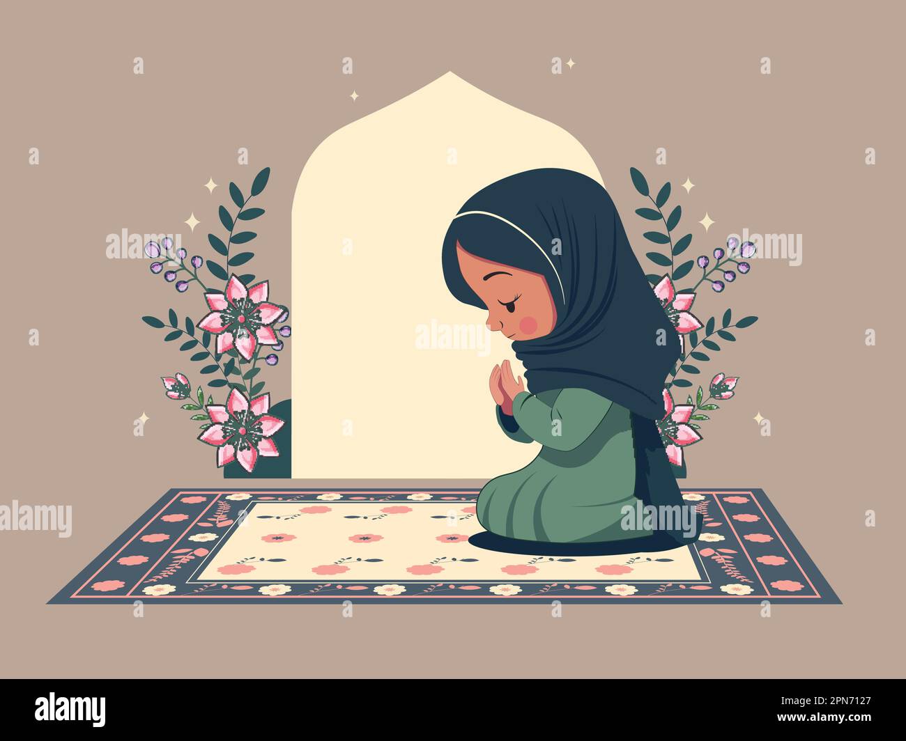 Illustration Of Muslim Girl Offering Namaz Prayer On Mat In Front Of Floral Islamic Arch 