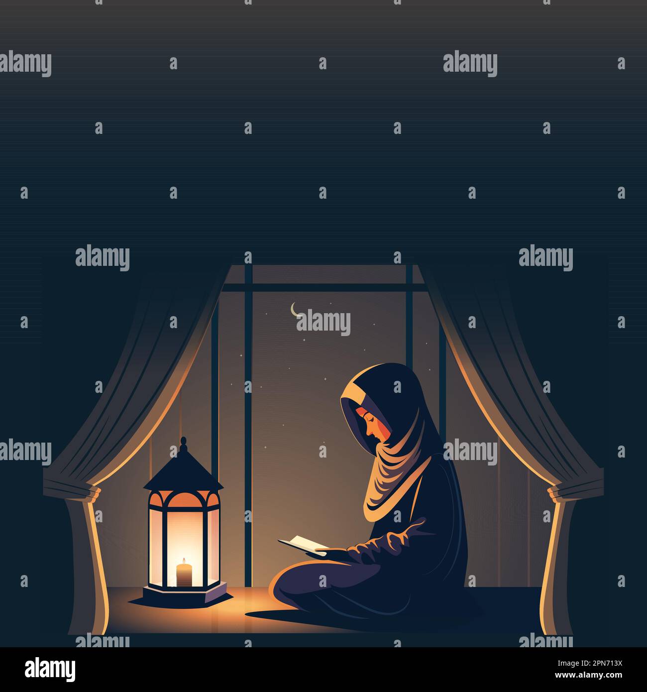 Illustration Of Muslim Young Woman Reading Quran On Floor With Burning ...