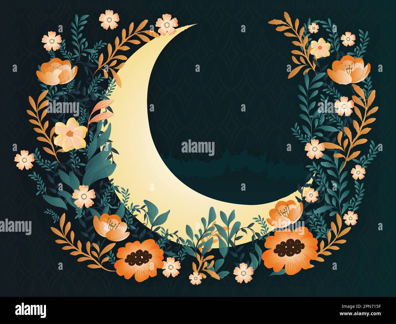 Beautiful Floral Decorated Golden Crescent Moon On Dark Teal Islamic ...