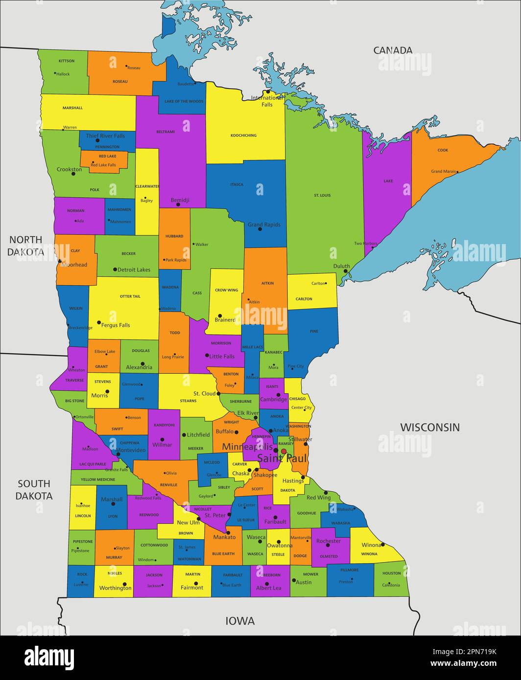 Colorful Minnesota political map with clearly labeled, separated layers ...