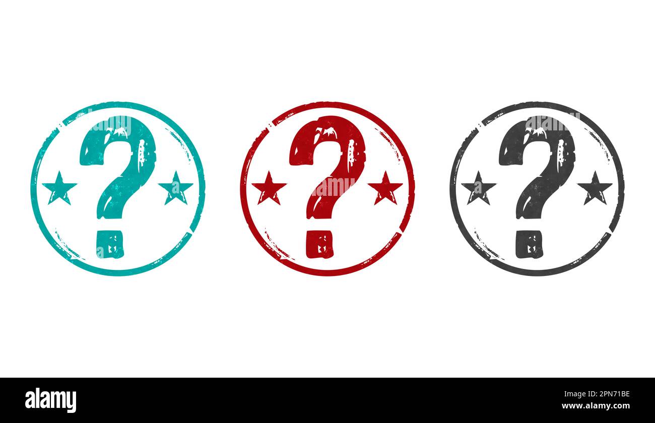 Question mark stamp icons in few color versions. Faq help query and answer concept 3D rendering ...