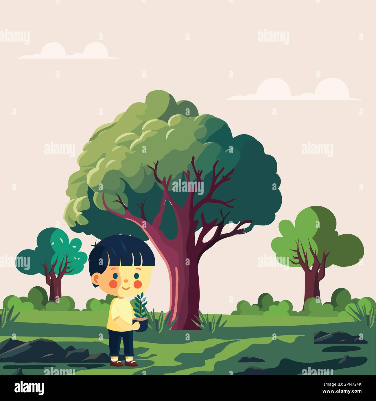 Cute Boy Character Holding A Plant On Nature Background. Environment ...