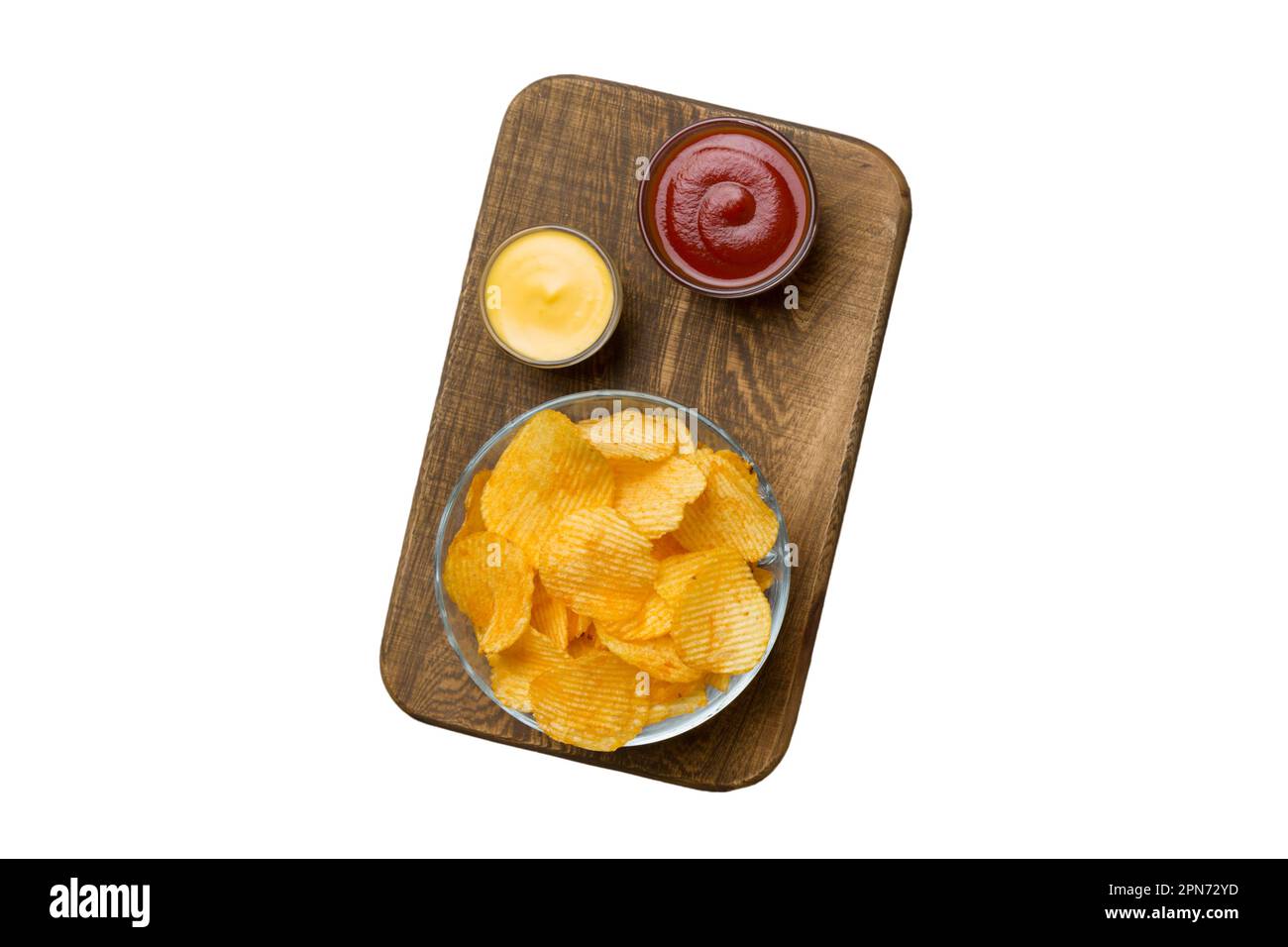 Top view chips with sause in bowl isolated on white background, top ...