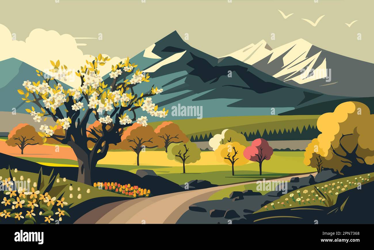 Spring Nature Landscape Background With Mountains, Floral, Flying Birds ...