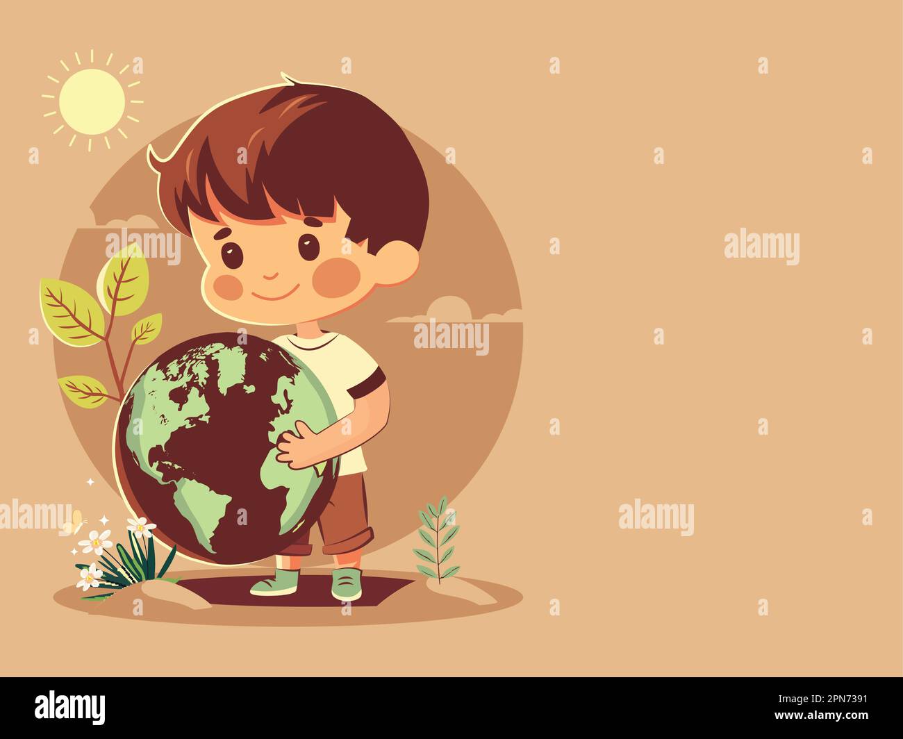 Smiley Boy Character Holding Earth Globe On Sun Nature Pastel Orange ...