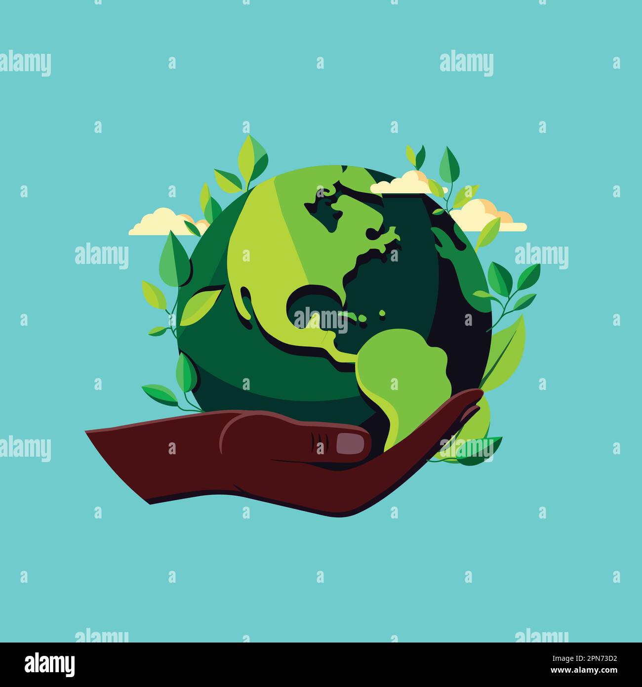 Human Hand Protecting Earth Globe With Green Leaves On Cyan Background ...