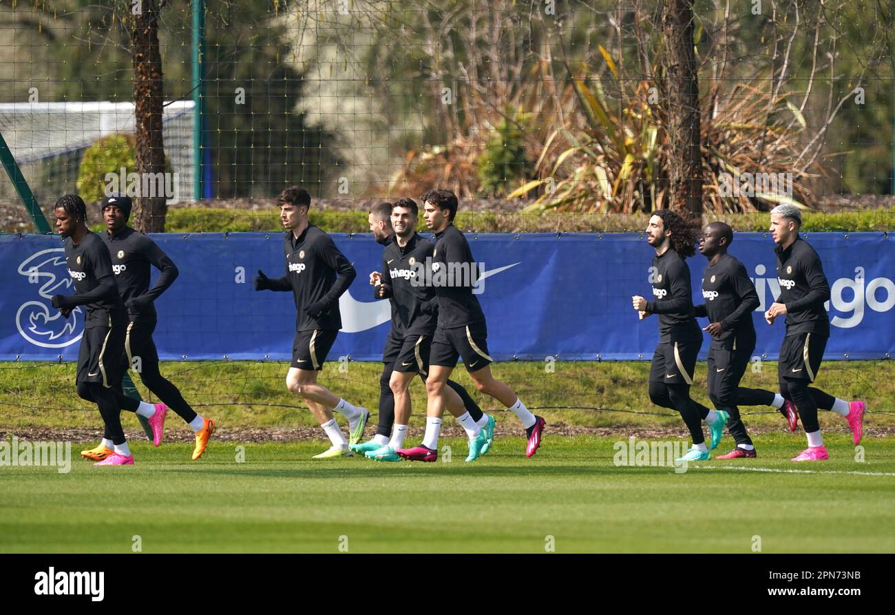 Chelsea players during a training session at Cobham Training Ground ...