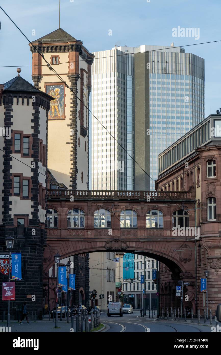 Old versus new concept - old architecture in front of the new buildings ...