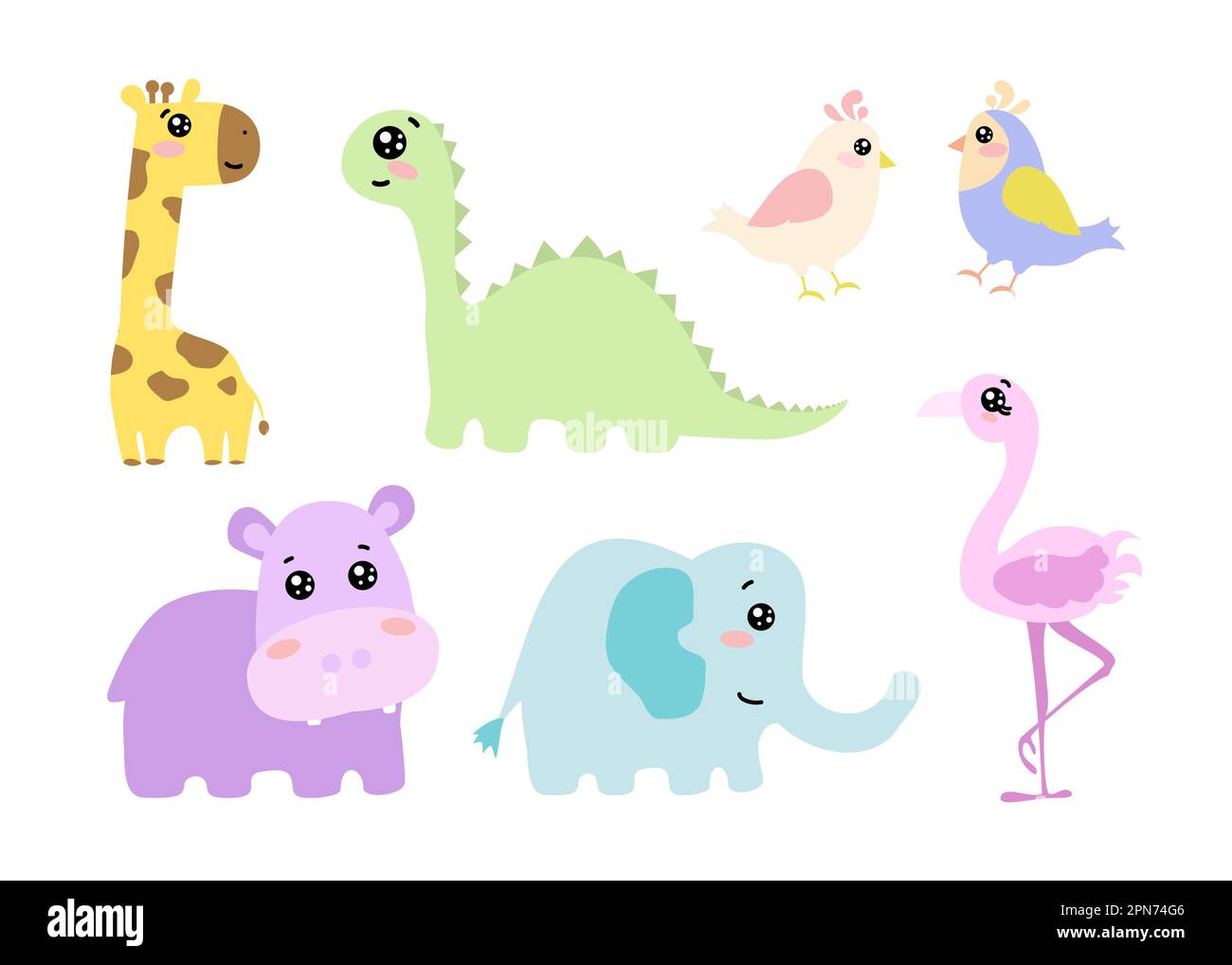 Animals with cute eyes and blush on cheeks vector set Stock Vector ...