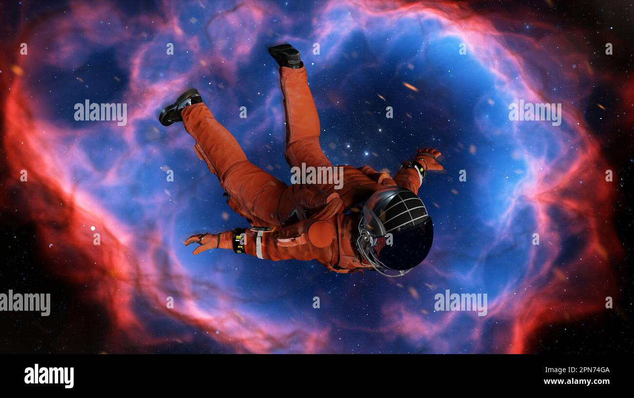 Flight of astronaut cosmonaut in space. Cosmic weightlessness, gravity ...