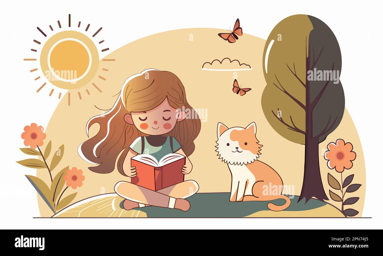 Cute Girl Character Reading Book With Cartoon Cat Sitting, Butterflies On Sun Nature Background ...