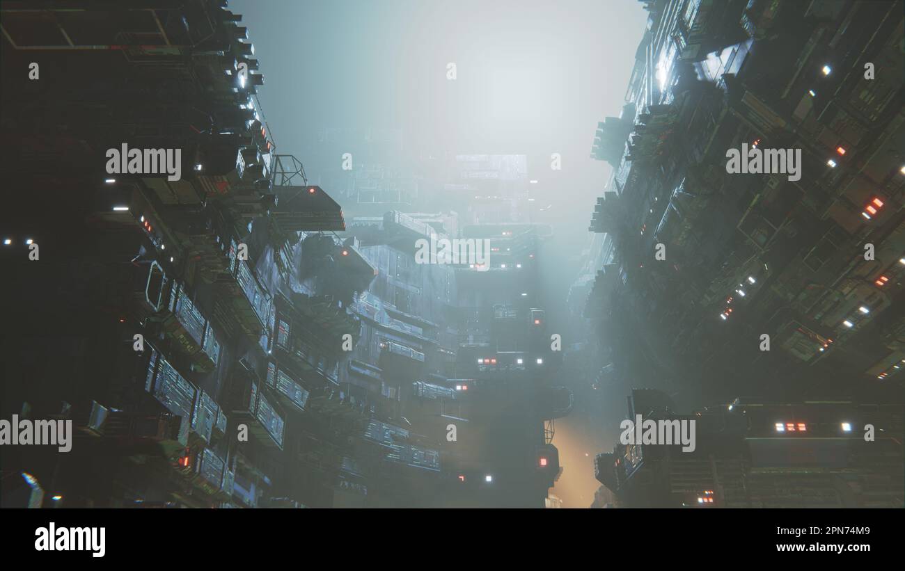 Space city station at night, cyberpunk ghetto. Big city base on an ...