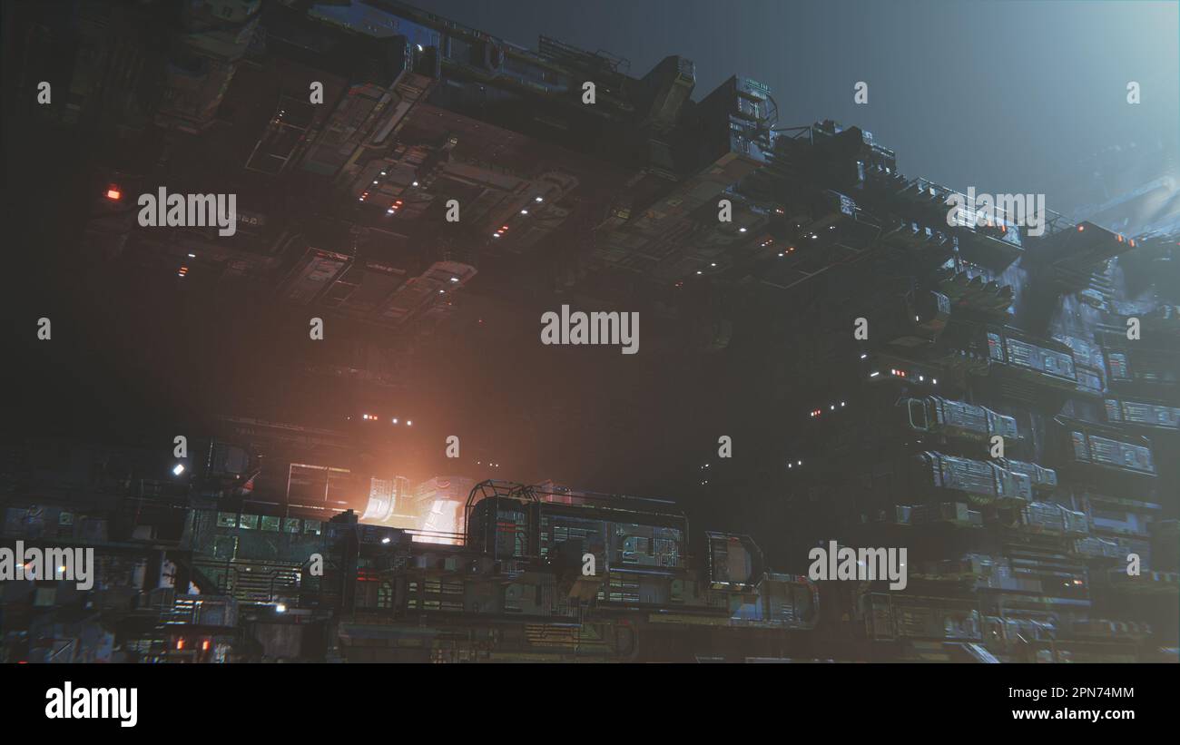 Space city station at night, cyberpunk ghetto. Big city base on an ...