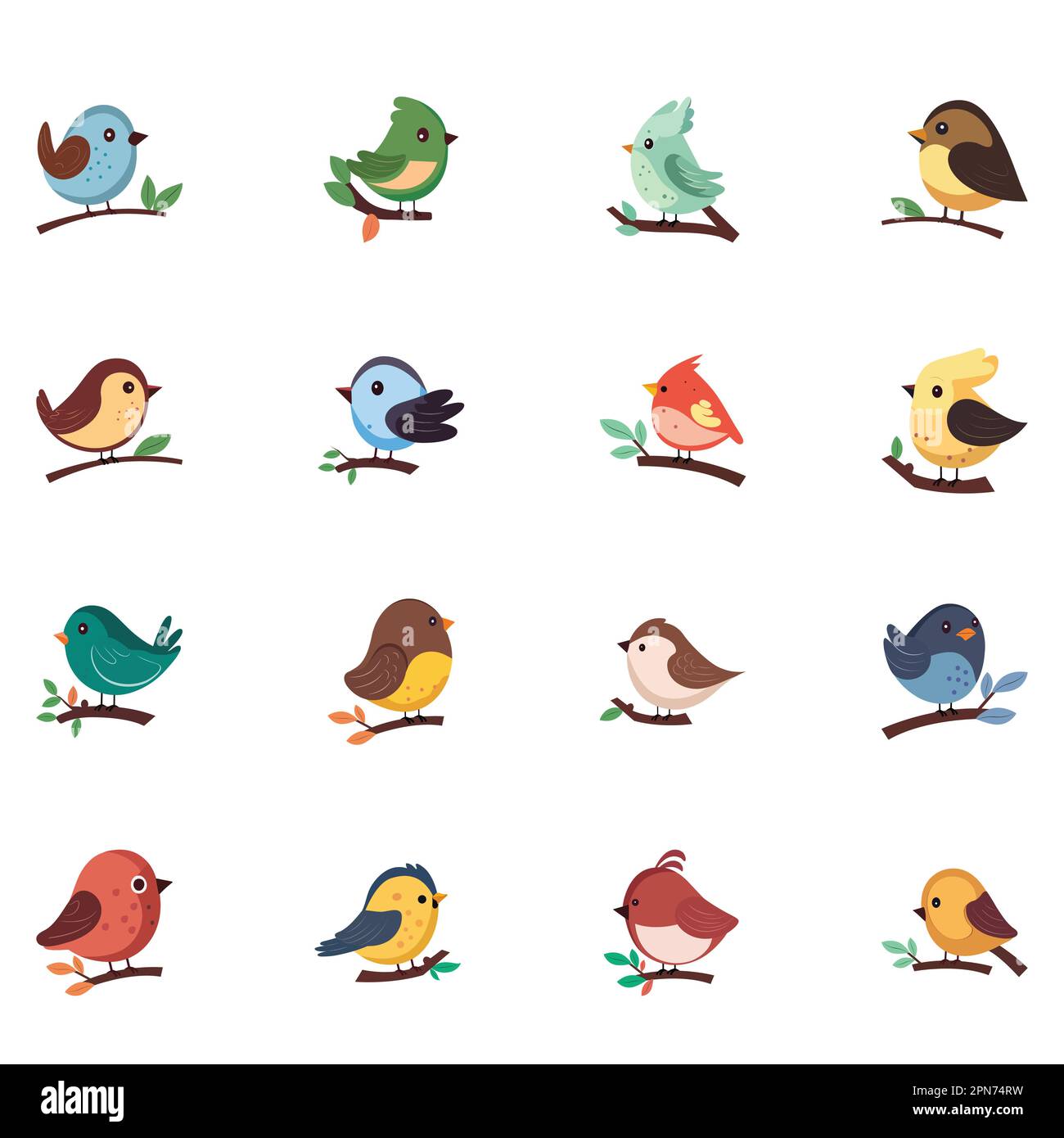 Different Types of Birds Sitting On Branch Icon In Flat Style Stock ...