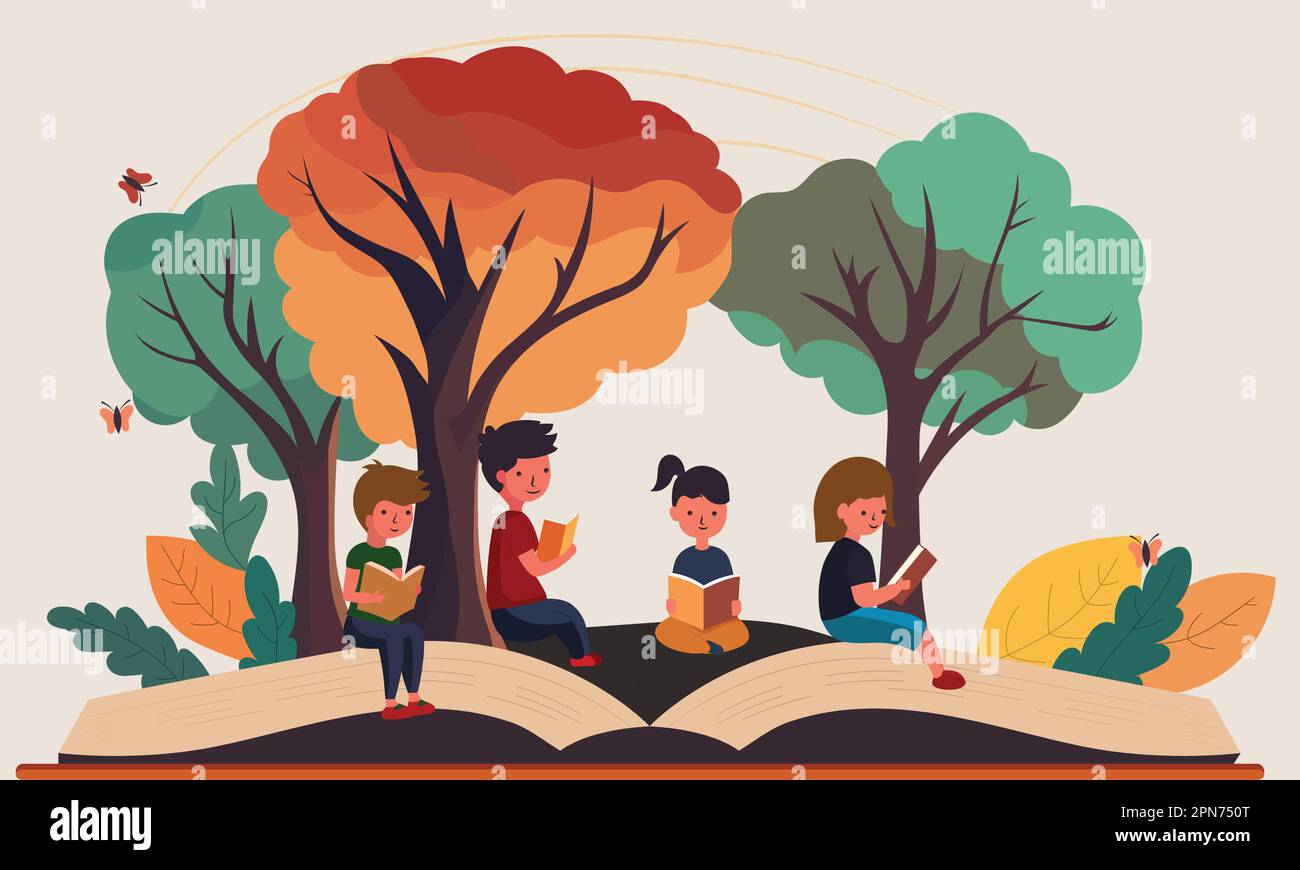 Vector Illustration of Children Characters Reading Book And Large Open Book Against Nature ...