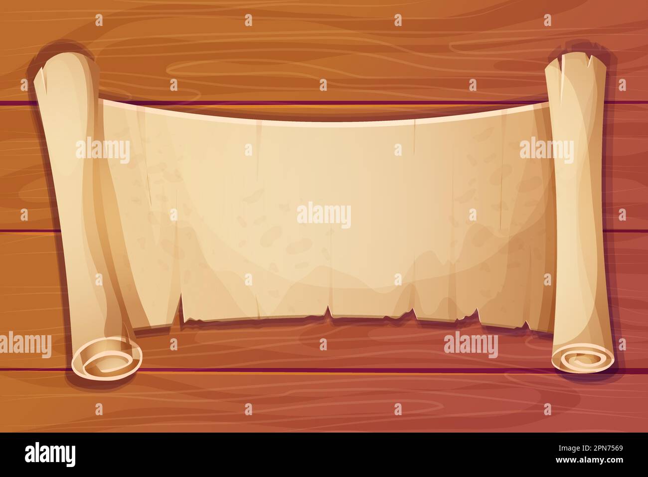 wooden desk, table with parchment paper scroll notes top view in ...