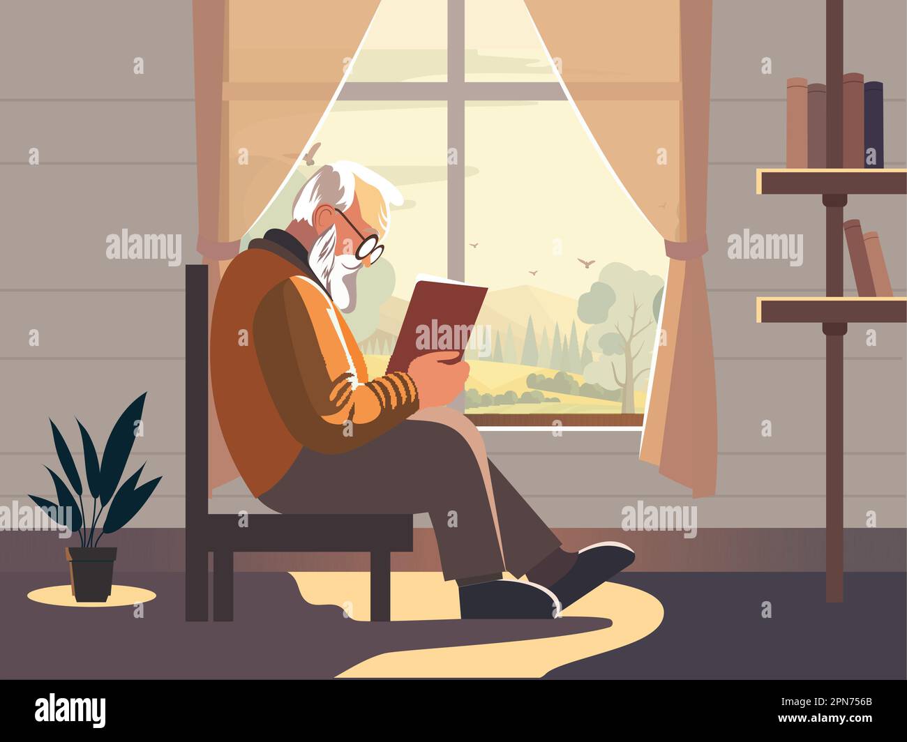 Elderly Man Character Reading Book On Chair With Bookshelves, Curtains ...