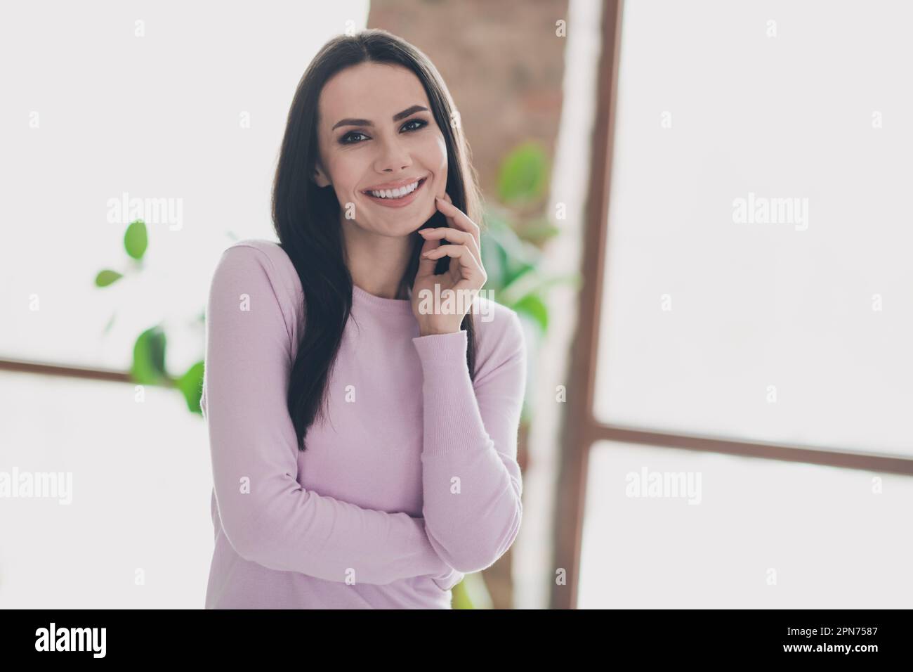 Portrait of adorable sweet nice young lady touch fingers face enjoy ...