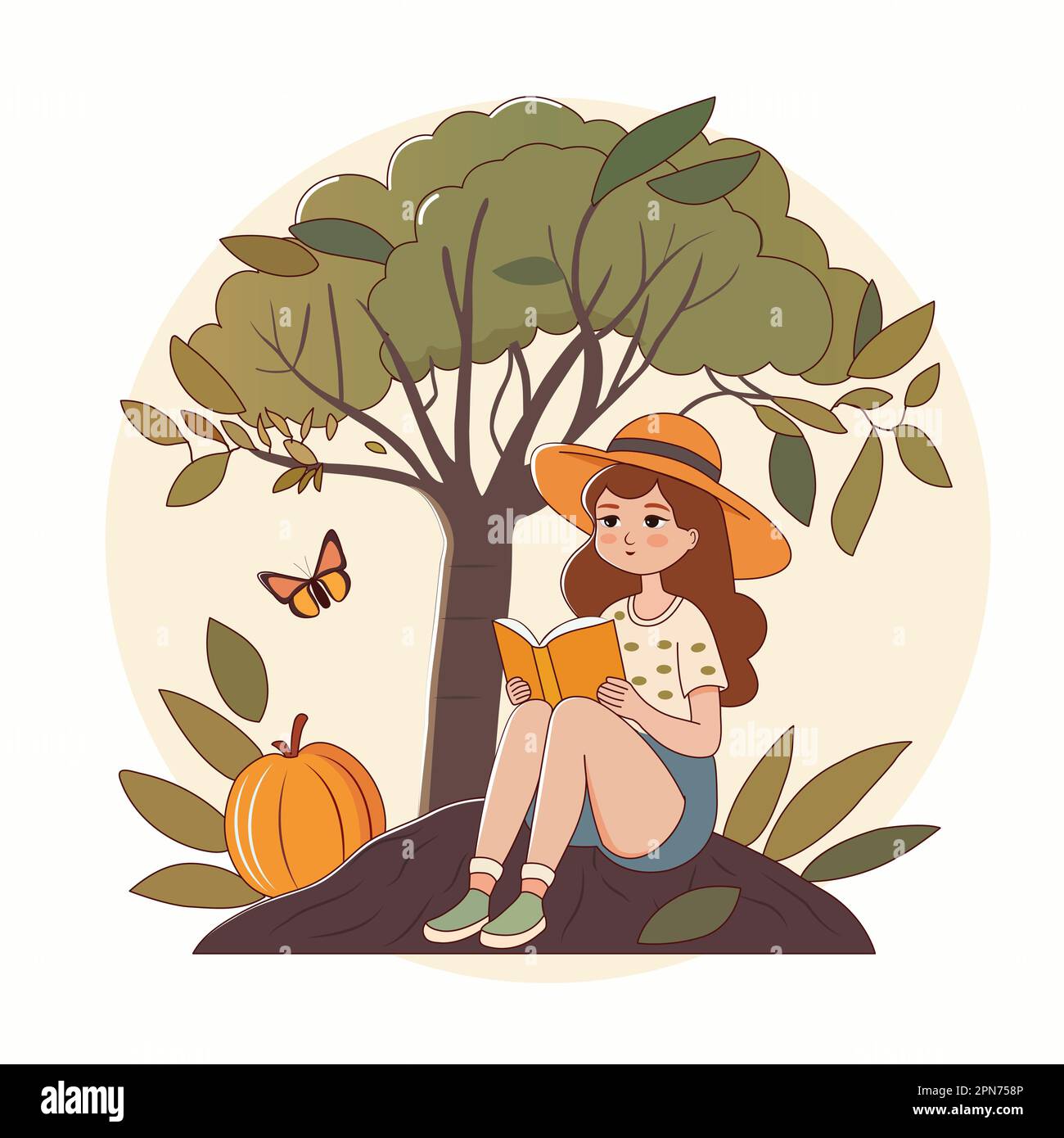 Girl Reading A Book Under A Tree Clipart