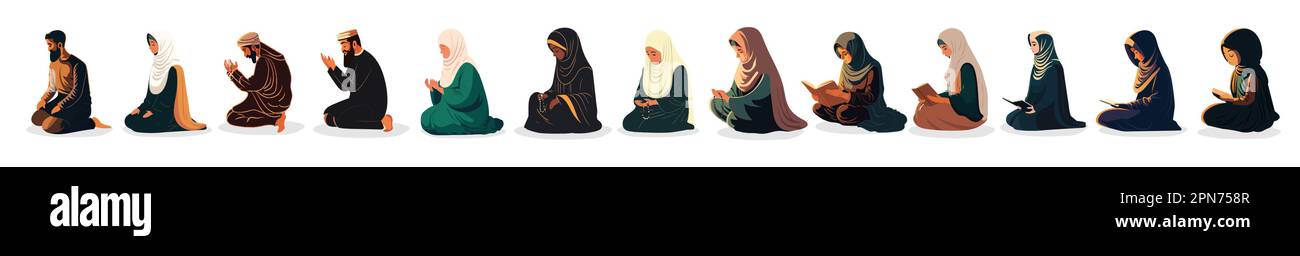 Muslim Men And Women Characters Offering Namaz (Prayer) With Tasbih ...